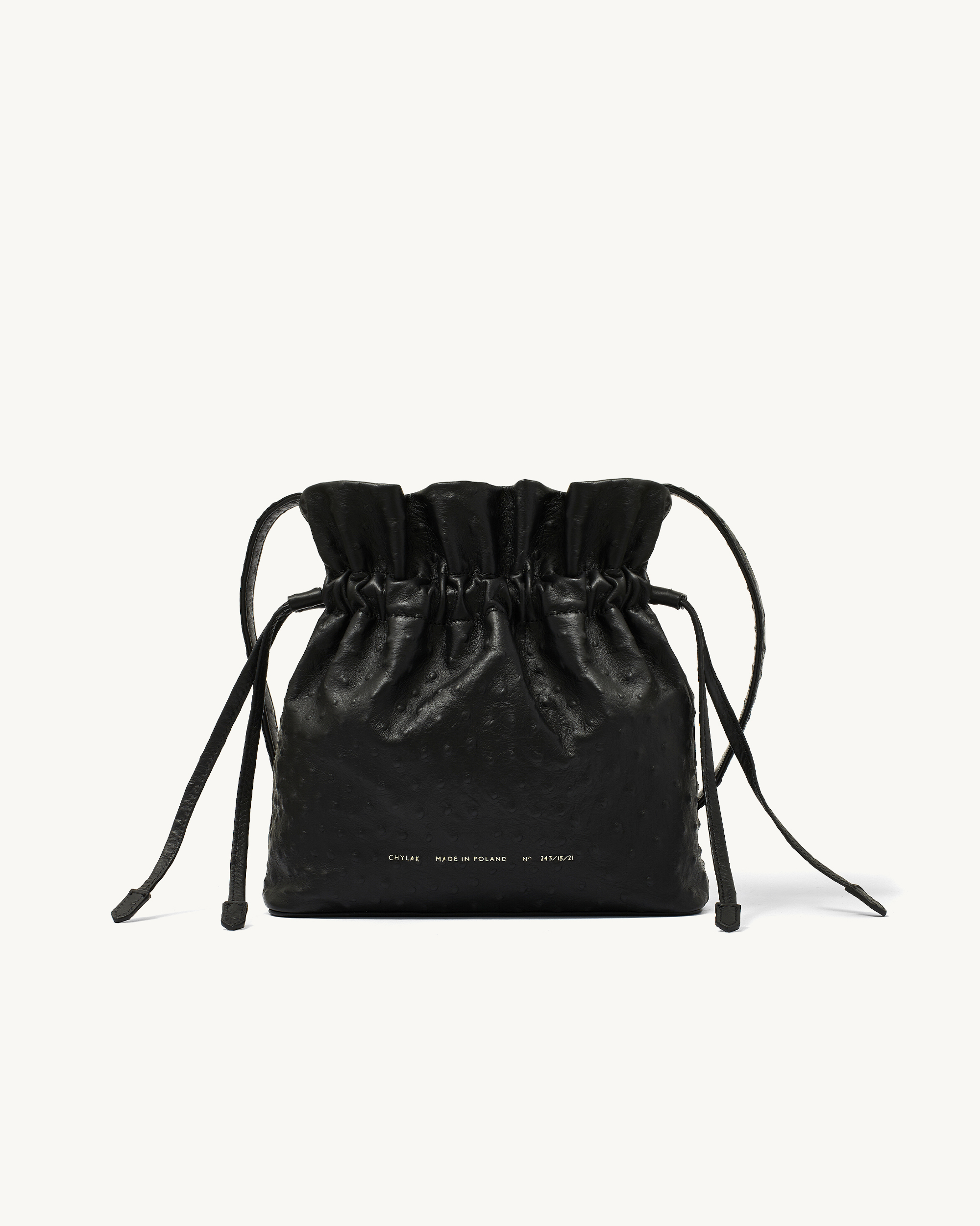 Soft Drawstring Bucket Bag “black ostrich” - Chylak