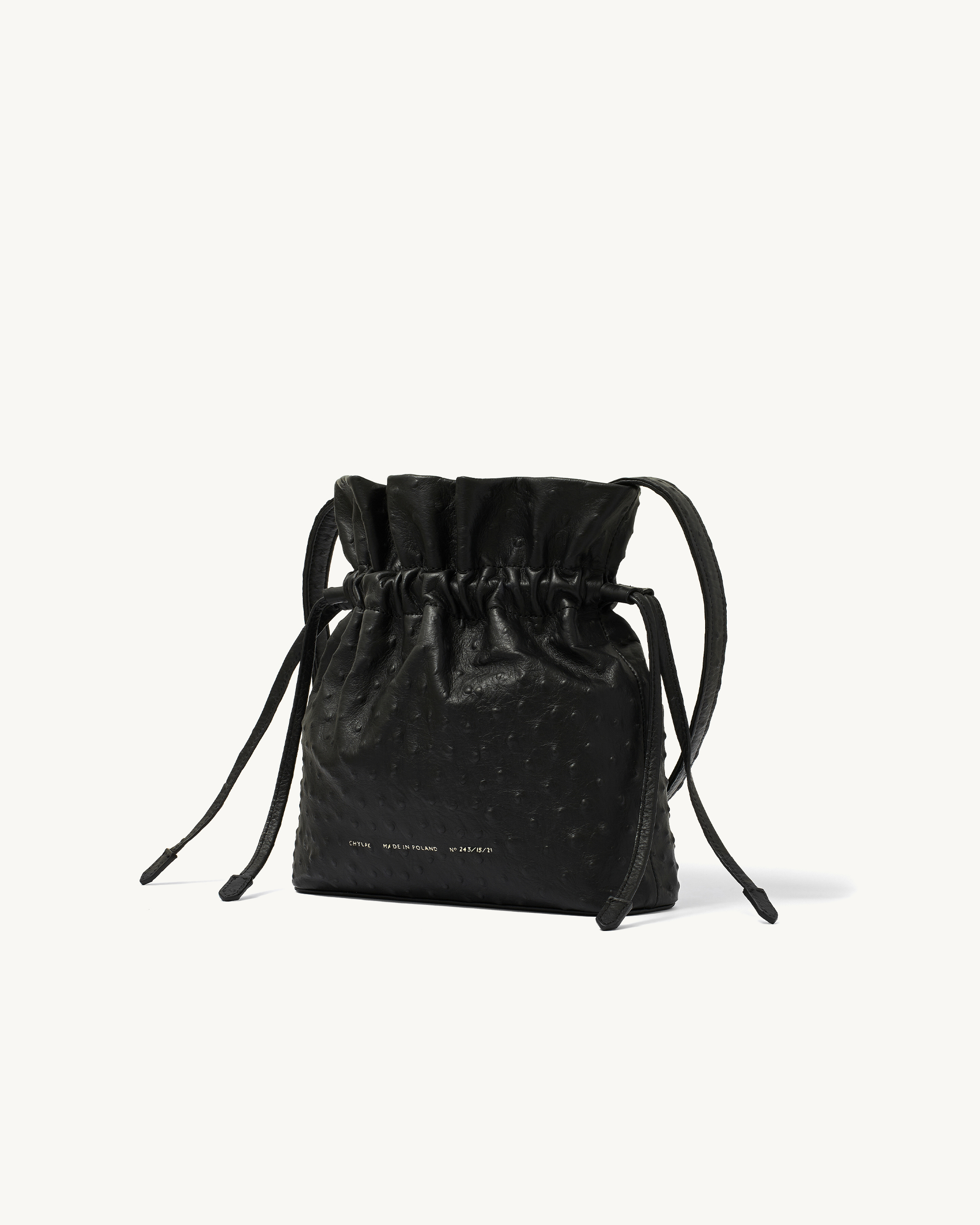 Soft Drawstring Bucket Bag “black ostrich” - Chylak