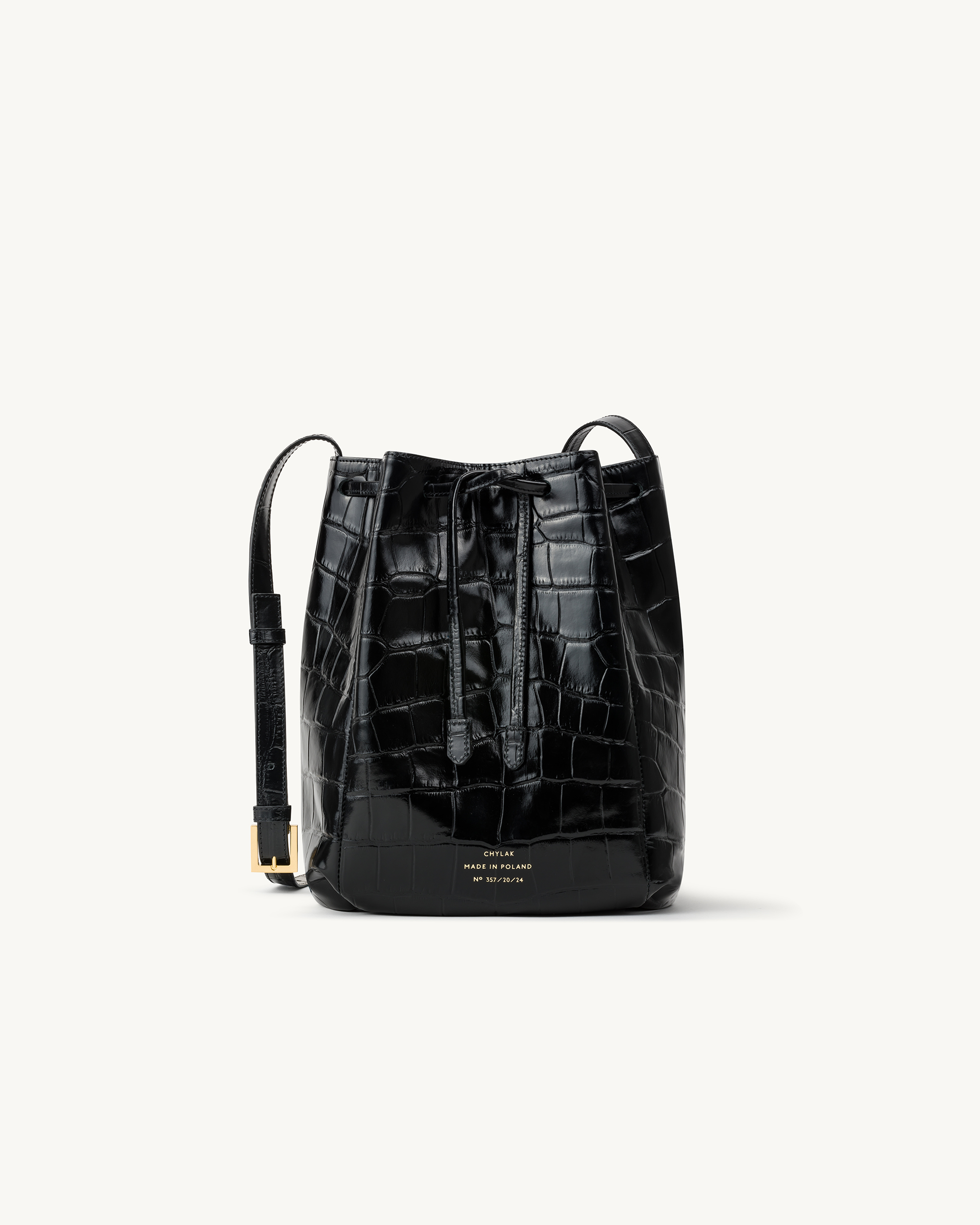 Medium Bucket Bag “glossy black crocodile” - Chylak
